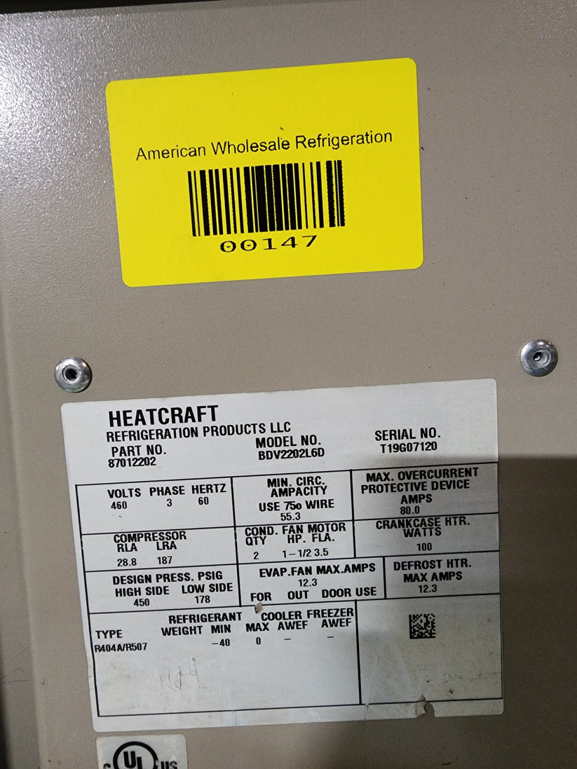 Bohn Heatcraft Condensing Unit - 22HP, 460v, Low Temp BDV2202L6D ...